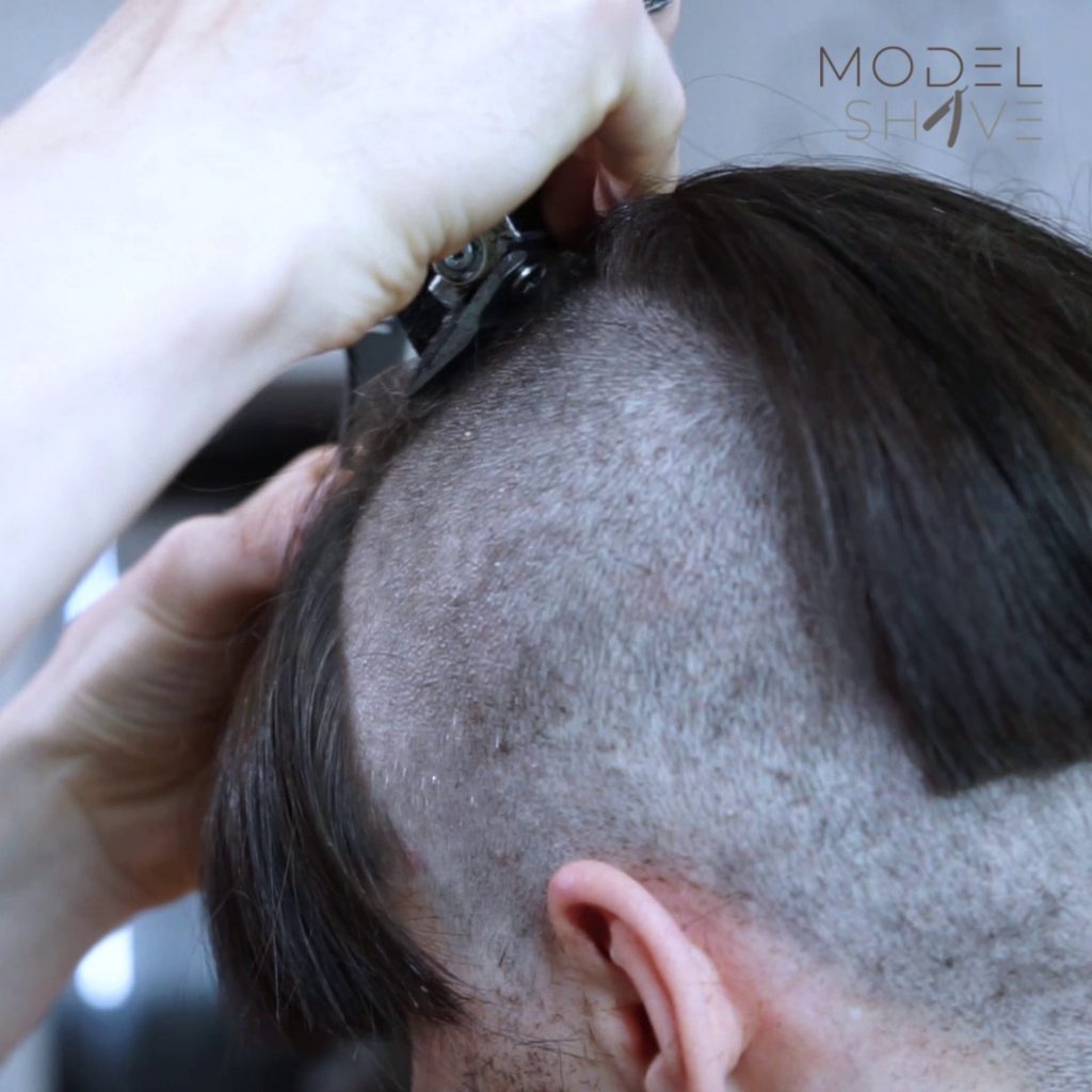 Brunette bowl cut and complete headshave - Model Shave