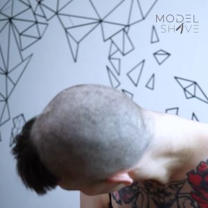 Brunette bowl cut and complete headshave – Model Shave