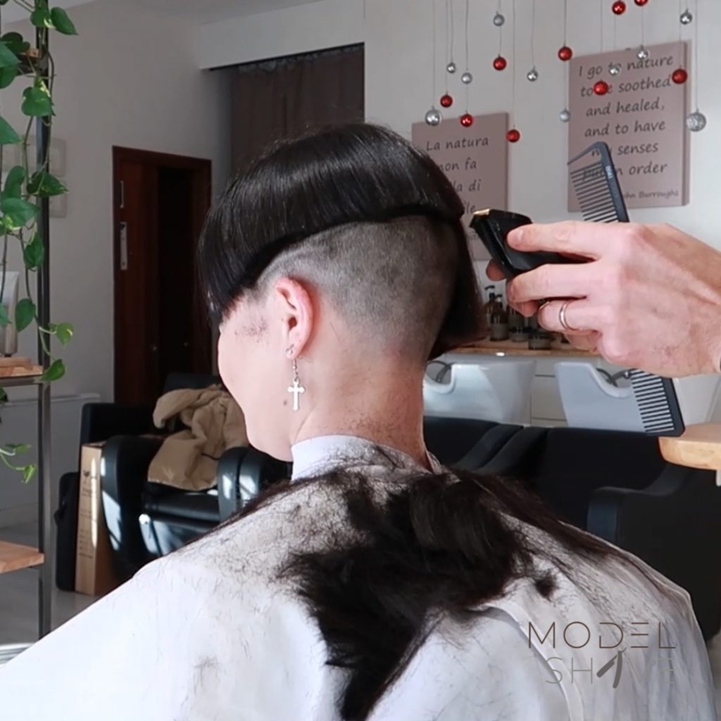 Girl with long silky black hair gets a smooth bald head. - Model Shave