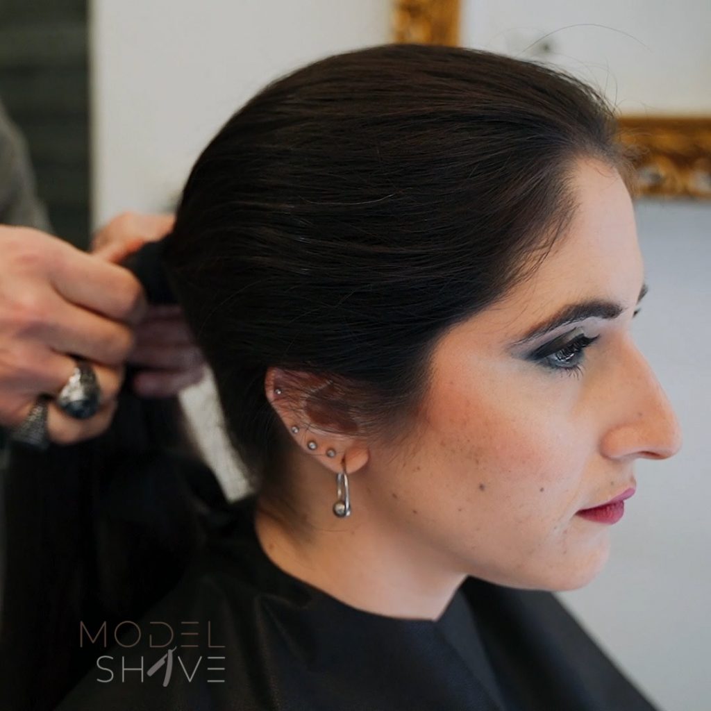 Girl headshave from long hair in barbershop. - Model Shave