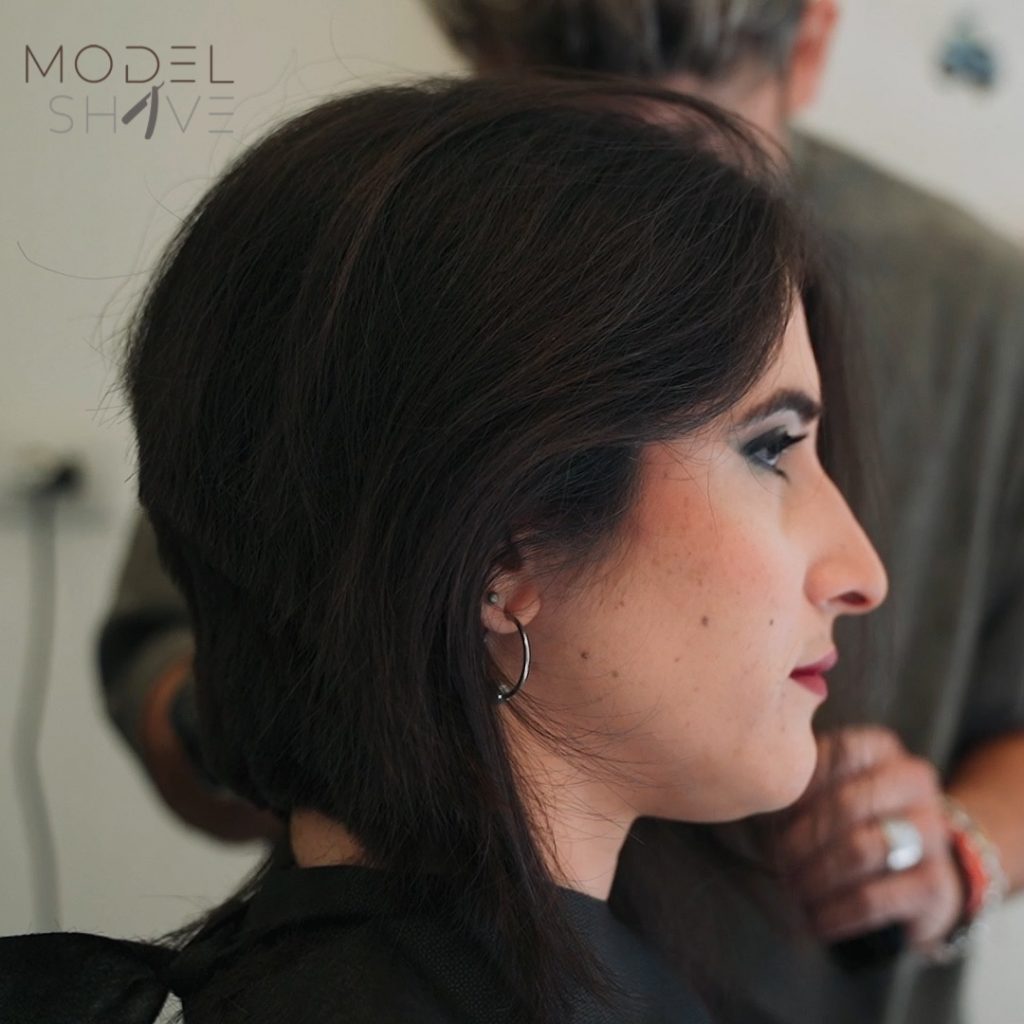 Girl headshave from long hair in barbershop. - Model Shave