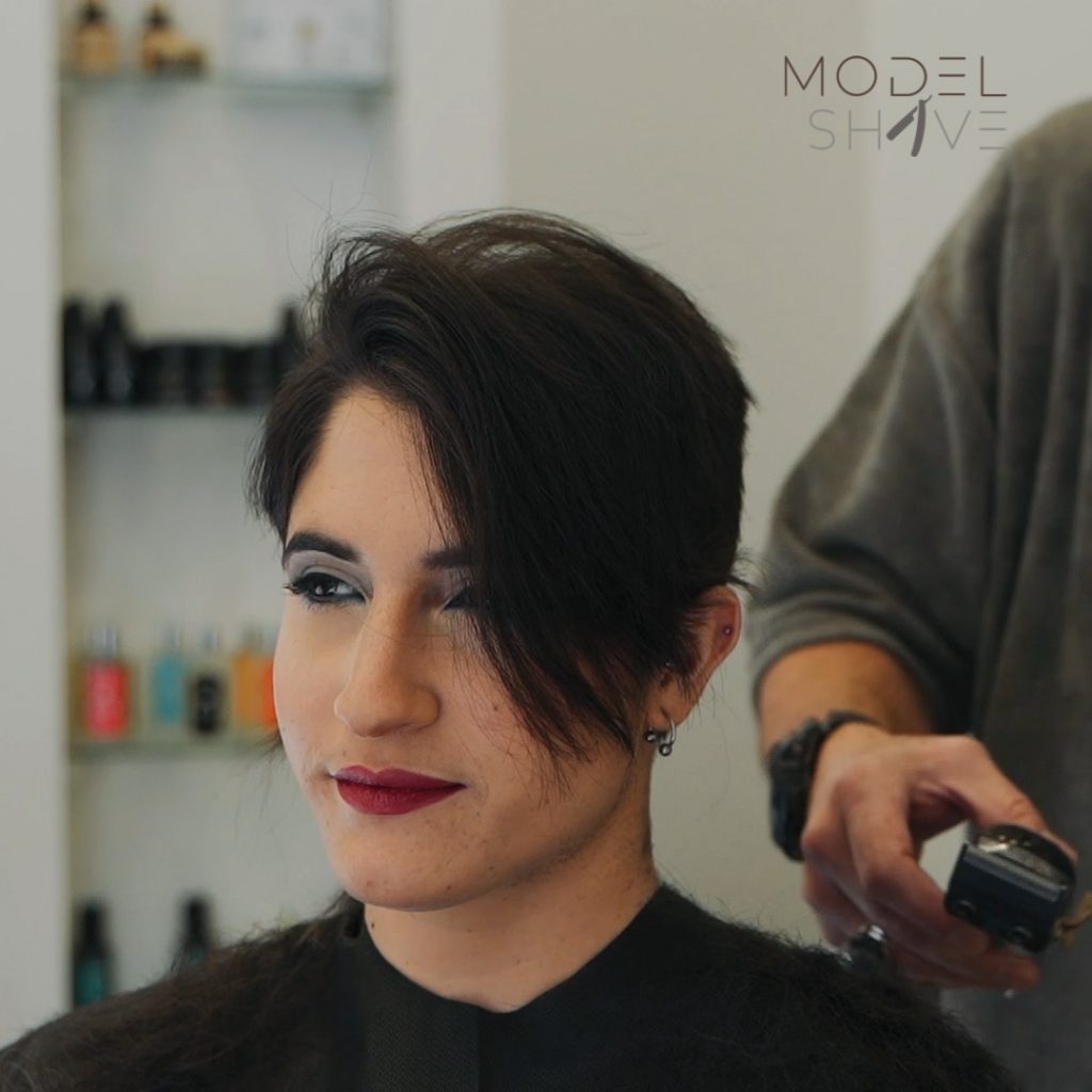 Girl headshave from long hair in barbershop. - Model Shave