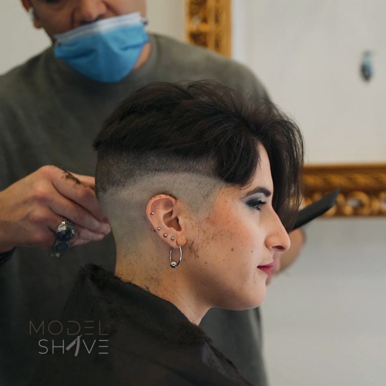 Girl headshave from long hair in barbershop. - Model Shave